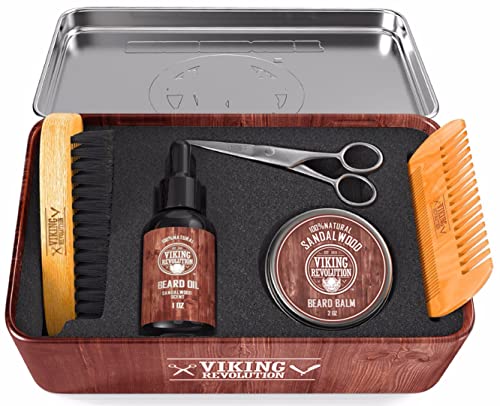 Viking Revolution Beard Grooming Kit for Men - Ultimate Beard Kit - Boar Beard Brush, Wood Beard Comb, Sandalwood Beard Balm, Sandalwood Beard Oil, Beard & Mustache Scissors