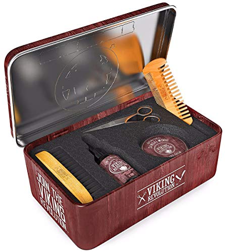 Viking Revolution Beard Grooming Kit for Men - Ultimate Beard Kit - Boar Beard Brush, Wood Beard Comb, Sandalwood Beard Balm, Sandalwood Beard Oil, Beard & Mustache Scissors