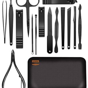 Utopia Care 15 Pieces Manicure Set - Stainless Steel Manicure Nail Clippers Pedicure Kit - Professional Grooming Kits, Nail Care Tools with Luxurious Travel Case (Black)