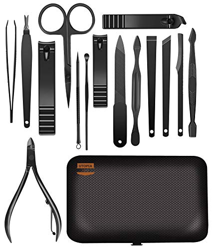 Utopia Care 15 Pieces Manicure Set - Stainless Steel Manicure Nail Clippers Pedicure Kit - Professional Grooming Kits, Nail Care Tools with Luxurious Travel Case (Black)