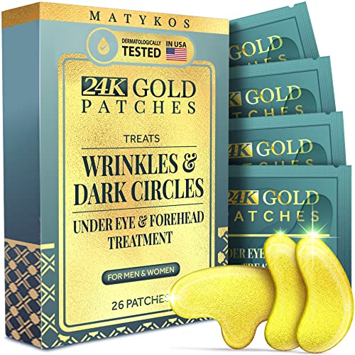 Under Eye and Forehead Patches - 26 PCS 24K Gold - Collagen and Hyaluronic Acid Pads that Helps Reducing Under Eye Puffiness, Wrinkles, and Dark Circles - NO Artificial Fragrance or Alcohol