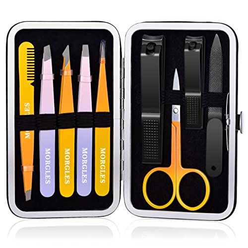 Tweezer Set with Nail Clippers, MORGLES Tweezers Set, Professional Nail Clippers and Tweezer Kit for Women and Men with Leather Travel Case, 9 Pack