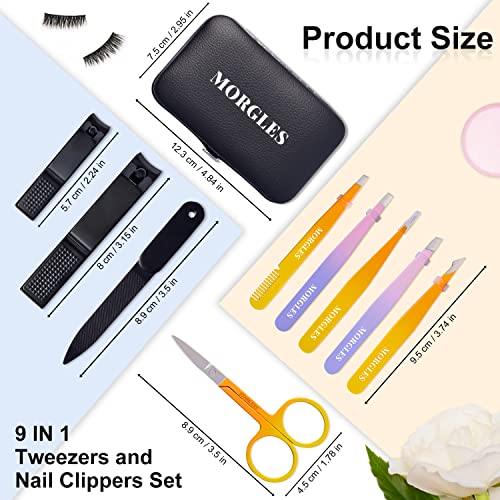 Tweezer Set with Nail Clippers, MORGLES Tweezers Set, Professional Nail Clippers and Tweezer Kit for Women and Men with Leather Travel Case, 9 Pack