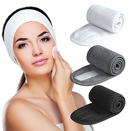 Denfany Spa Headband 3 Pack Ultra Soft Adjustable Face Wash Headband Terry Cloth Stretch Make Up Wrap for Face Washing, Shower, Facial Mask, Yoga (Black + White + Gray)