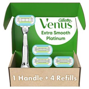 gillette venus platinum extra smooth razors for women, 1 venus razor, 4 razor blade refills, metal handle with anti-slip grip