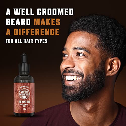 Viking Revolution Beard Oil Conditioner - All Natural Sandalwood Scent with Argan & Jojoba Oils - Softens & Strengthens Beards and Mustaches for Men (Sandalwood, 1 Pack)