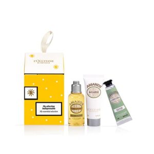 l’occitane almond ornament 3 piece gift set, including almond shower oil 1.1 fl.oz, almond body milk 0.7 fl. oz., and almond delicious hands 0.3 oz