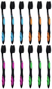 charcoal toothbrushes with covers – deepest clean black charcoal soft bristle toothbrush – multi colored individually wrapped disposable tooth brush for travel, kids, family, dental care (12 pack)