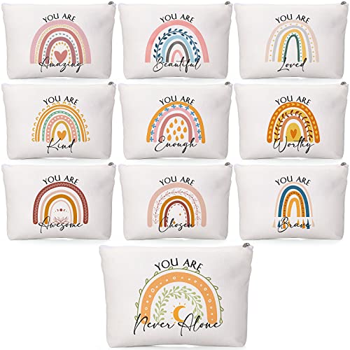 Coume 10 Pcs Rainbow Canvas Makeup Bags Bulk Inspirational Quotes Cosmetic Bags