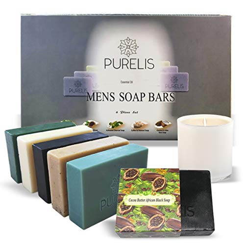 Purelis Mens Soap Bar Gift Set. Set of 6 Aromatherapy, Moisturizing Soap Bars. Natural. Organic Ingredients. Deep Cleansing, Repairs Skin. Handmade Face, Hand, Body Soap for Men. Sulfate Free!