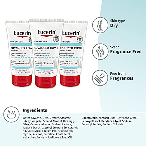 Eucerin Advanced Repair Hand Cream - Fragrance Free, Hand Lotion for Very Dry Skin - 2.7 Ounce (Pack of 3)