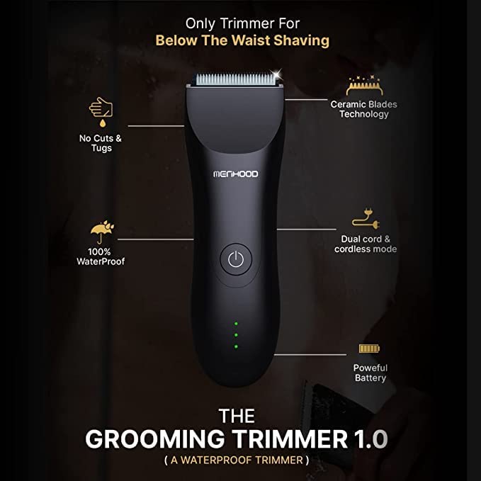 MENHOOD Groin Hair Trimmer for Men Cordless Waterproof Electric Ball Trimmer 1.0, Replaceable Ceramic Blade Heads, Ultimate Body Groomer Shaver for Pubic Hair, 150Min Run Time Trimmer