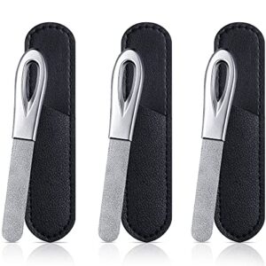 3 pieces stainless steel nail files with leather case double sided nail files non slip handle grit diamond fingernail file easily grinding metal nail file emery boards for natural nails (black)