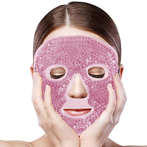 Jakuva Hot and Cold Therapy Full Face Gel Mask,Face Ice Mask for Woman Man,Gel Beads Eye Mask&Compress Pearl Treatment for Headache, Puffiness,Migraine Relief,Face SPA & Overall Skin Care (Pink)