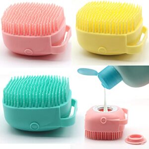 otavilem body scrubber with soap dispenser for shower, 3 pack silicone exfoliating brushes, soft body exfoliator, bath loofah for babies, kids, women, men and pets, 3 colors