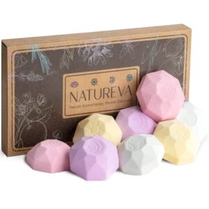 natureva organic shower steamers aromatherapy – 8 xl natural shower bombs, essential oil shower steamer gift set, relaxation gifts women, shower melts tabs, stress relief scents, unique self care box