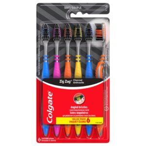 colgate zig zag charcoal toothbrush, adult soft toothbrushes, 6 pack