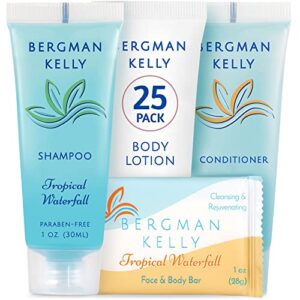 bergman kelly hotel toiletries bundle (tropical waterfall, 1 oz each, 100 pcs) 4-piece set: 25 rectangular bar soap, 25 shampoo, 25 conditioner & 25 body lotion – bulk mini guest amenities supply