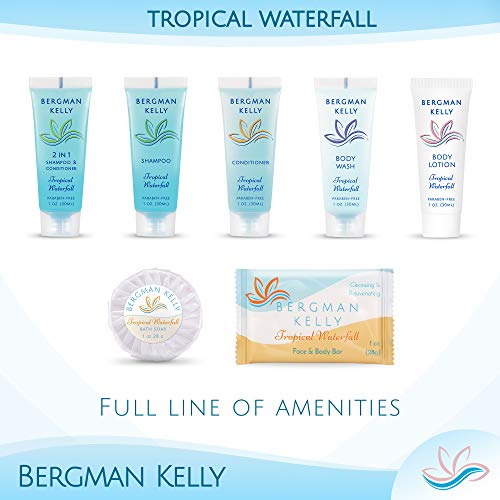 BERGMAN KELLY Hotel Toiletries Bundle (Tropical Waterfall, 1 oz each, 100 Pcs) 4-Piece Set: 25 Rectangular Bar Soap, 25 Shampoo, 25 Conditioner & 25 Body Lotion - Bulk Mini Guest Amenities Supply