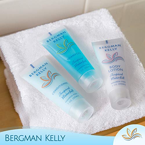 BERGMAN KELLY Hotel Toiletries Bundle (Tropical Waterfall, 1 oz each, 100 Pcs) 4-Piece Set: 25 Rectangular Bar Soap, 25 Shampoo, 25 Conditioner & 25 Body Lotion - Bulk Mini Guest Amenities Supply