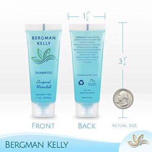 BERGMAN KELLY Hotel Toiletries Bundle (Tropical Waterfall, 1 oz each, 100 Pcs) 4-Piece Set: 25 Rectangular Bar Soap, 25 Shampoo, 25 Conditioner & 25 Body Lotion - Bulk Mini Guest Amenities Supply