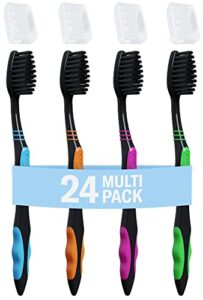 24 count charcoal toothbrushes – deepest clean black charcoal infused soft bristle toothbrush bulk set – colored individually wrapped disposable tooth brush pack for travel, kids, family, dental care