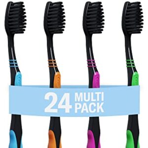 24 Count Charcoal Toothbrushes - Deepest Clean Black Charcoal Infused Soft Bristle Toothbrush Bulk Set - Colored Individually Wrapped Disposable Tooth Brush Pack for Travel, Kids, Family, Dental Care