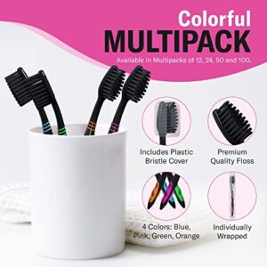 24 Count Charcoal Toothbrushes - Deepest Clean Black Charcoal Infused Soft Bristle Toothbrush Bulk Set - Colored Individually Wrapped Disposable Tooth Brush Pack for Travel, Kids, Family, Dental Care