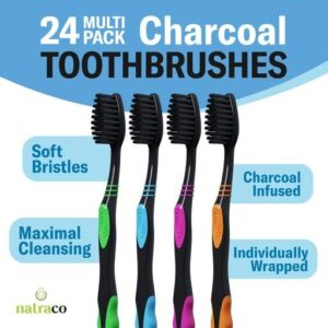 24 Count Charcoal Toothbrushes - Deepest Clean Black Charcoal Infused Soft Bristle Toothbrush Bulk Set - Colored Individually Wrapped Disposable Tooth Brush Pack for Travel, Kids, Family, Dental Care