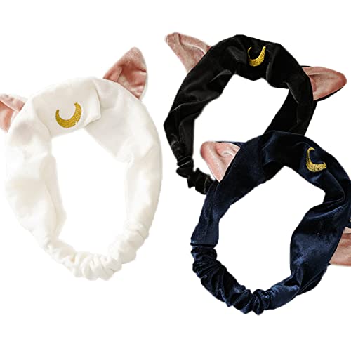 Linsennia 3 PCS Headbands for Women Cat Ears Moon Girls Makeup Elastic Hair Head Bands for Washing Face Spa Kawaii (White+Black+Navy Blue)