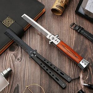 2 Pieces Wood Grain Switchblade Blade Comb Pocket Hair Brush Automatic Push Button Brush and Folding Butterfly Comb Stainless Steel Training Practice Comb Outdoor Practice Comb (Black)