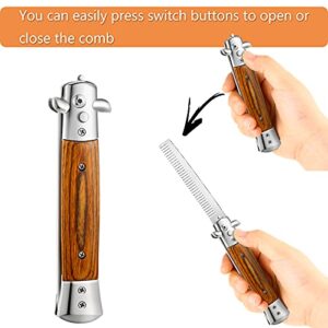 2 Pieces Wood Grain Switchblade Blade Comb Pocket Hair Brush Automatic Push Button Brush and Folding Butterfly Comb Stainless Steel Training Practice Comb Outdoor Practice Comb (Black)