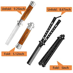 2 Pieces Wood Grain Switchblade Blade Comb Pocket Hair Brush Automatic Push Button Brush and Folding Butterfly Comb Stainless Steel Training Practice Comb Outdoor Practice Comb (Black)