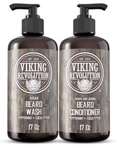 viking revolution beard wash & beard conditioner set w/argan & jojoba oils – softens, smooths & strengthens beard growth – natural peppermint and eucalyptus scent – beard shampoo w/beard oil (17 oz)