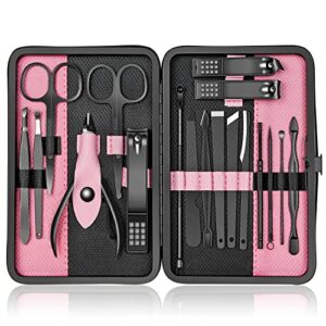 manicure set professional nail clippers kit pedicure care tools- stainless steel grooming kit 18pcs for travel or home (black/pink)