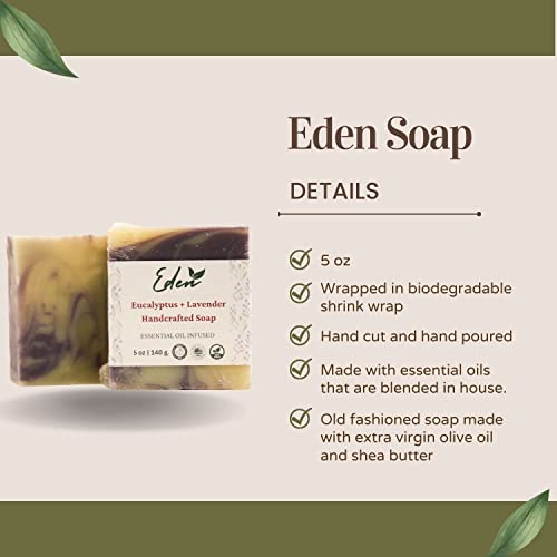 EDEN Daily Essentials - Natural Soap Bar - Eucalyptus Lavender Moisturizing Soap Bar with Kaolin Clay - Made with Pure Essential Oils - Face Soap - Body Soap - Shampoo Bar - Olive Oil Soap - Shea Butter Soap - Handmade Soap - Great gift idea. Handcut to a