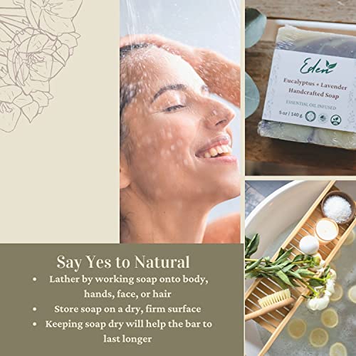 EDEN Daily Essentials - Natural Soap Bar - Eucalyptus Lavender Moisturizing Soap Bar with Kaolin Clay - Made with Pure Essential Oils - Face Soap - Body Soap - Shampoo Bar - Olive Oil Soap - Shea Butter Soap - Handmade Soap - Great gift idea. Handcut to a