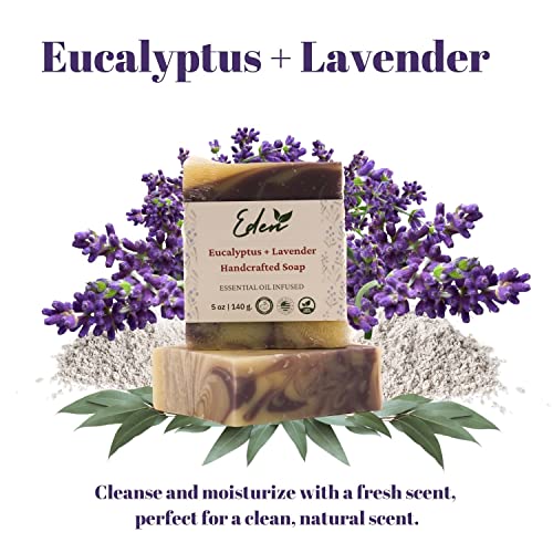 EDEN Daily Essentials - Natural Soap Bar - Eucalyptus Lavender Moisturizing Soap Bar with Kaolin Clay - Made with Pure Essential Oils - Face Soap - Body Soap - Shampoo Bar - Olive Oil Soap - Shea Butter Soap - Handmade Soap - Great gift idea. Handcut to a