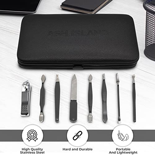 ASH ISLAND Nail Clippers Set - Gray Stainless 12 in 1 For Men And Women Manicure Pedicure Travel Kit Luxury Nail File Sharp Nail Scissors Fingernails Toenails with Portable Stylish Case