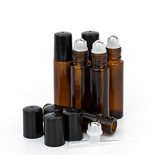 ZEJIA 10ml Roller Bottles 6Pack Amber Thick Glass Essential Oil Roller Bottles Stainless Steel Roller Ball with 2 Droppers