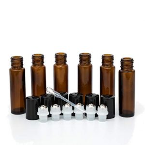 ZEJIA 10ml Roller Bottles 6Pack Amber Thick Glass Essential Oil Roller Bottles Stainless Steel Roller Ball with 2 Droppers