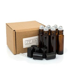 ZEJIA 10ml Roller Bottles 6Pack Amber Thick Glass Essential Oil Roller Bottles Stainless Steel Roller Ball with 2 Droppers