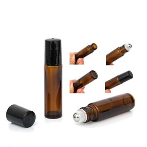 ZEJIA 10ml Roller Bottles 6Pack Amber Thick Glass Essential Oil Roller Bottles Stainless Steel Roller Ball with 2 Droppers