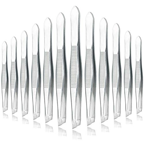 12Pcs Stainless Steel Tweezers Set - Slant Tip Tweezers for Women Eyebrow Tweezers for Men Precision Facial Hair Tweezers for Eyebrows - Long Tweezers Silver Gripper Tweezers for Ingrown Hair Tool