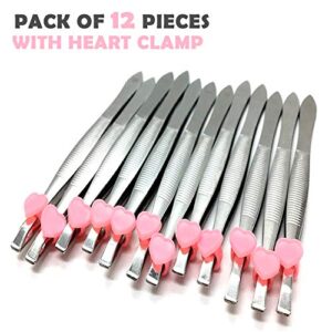 12Pcs Stainless Steel Tweezers Set - Slant Tip Tweezers for Women Eyebrow Tweezers for Men Precision Facial Hair Tweezers for Eyebrows - Long Tweezers Silver Gripper Tweezers for Ingrown Hair Tool