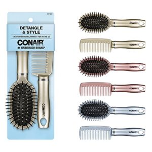 conair detangle & style wide-tooth comb and travel hairbrush set, detangler brush and comb set, 2 count, color may vary