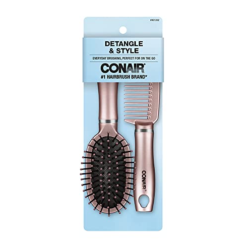 Conair Detangle & Style Wide-Tooth Comb and Travel Hairbrush Set, Detangler Brush and Comb Set, 2 Count, Color May Vary