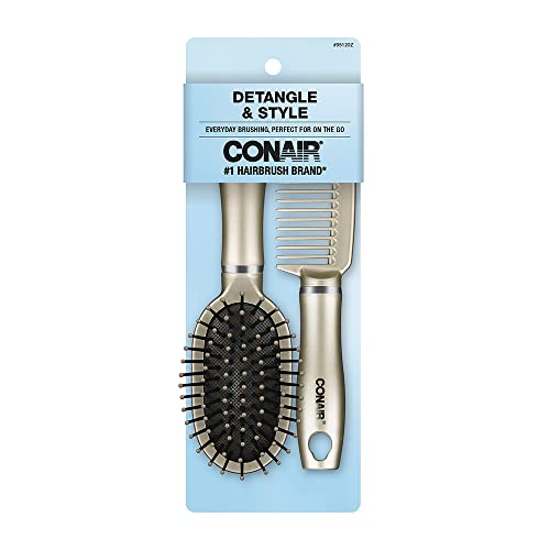 Conair Detangle & Style Wide-Tooth Comb and Travel Hairbrush Set, Detangler Brush and Comb Set, 2 Count, Color May Vary