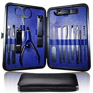 manicure kit nail clippers set stainless steel professional pedicure black 15 pieces grooming scissors cutter ear pick tweezers scissors eyebrow file for man&women gift (black/blue_15in1)