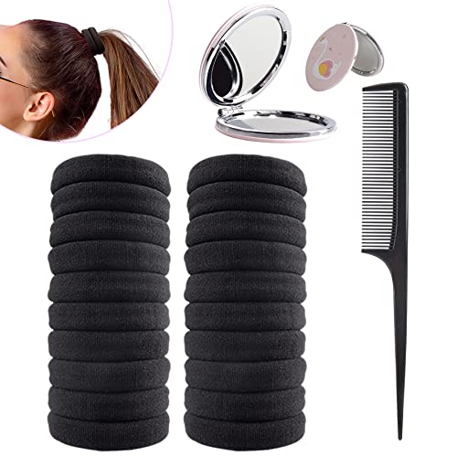 Hair Ties Bands Hair Ties Seamless for Women Elastic Hair Band for Women'S Hair Cotton Ponytail Hair Ties Hair Tie for Thick Hair 20pcs Black No Damage Hair Ties. 1pcs Rattail Comb Combs, 1pcs Compact Small Travel Mirror. Gifts for Mom.